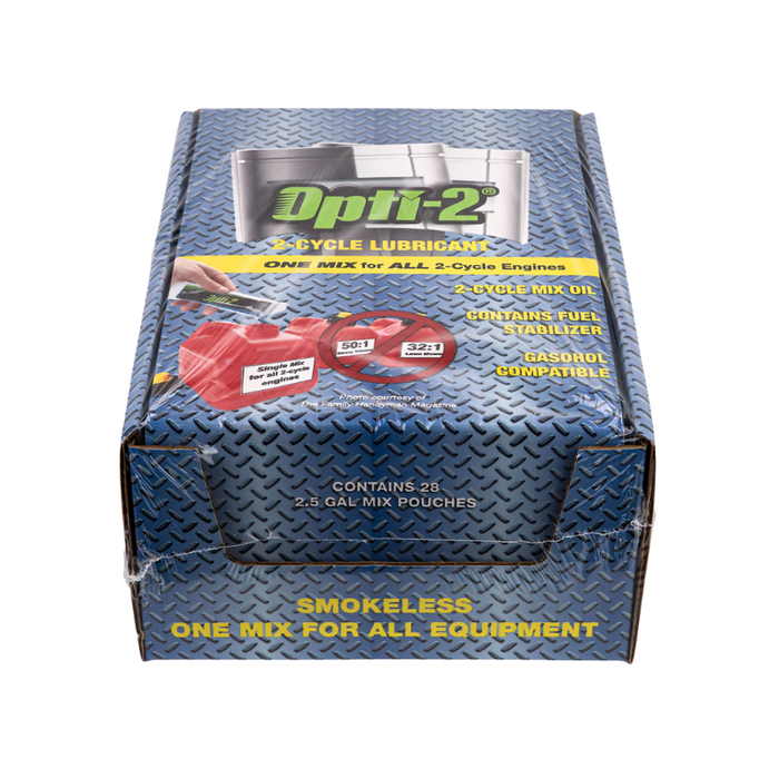 OPTI-2 Two-Stroke Engine Oil 9 L Mix Pouch Display Box – 28 Pack LUB86